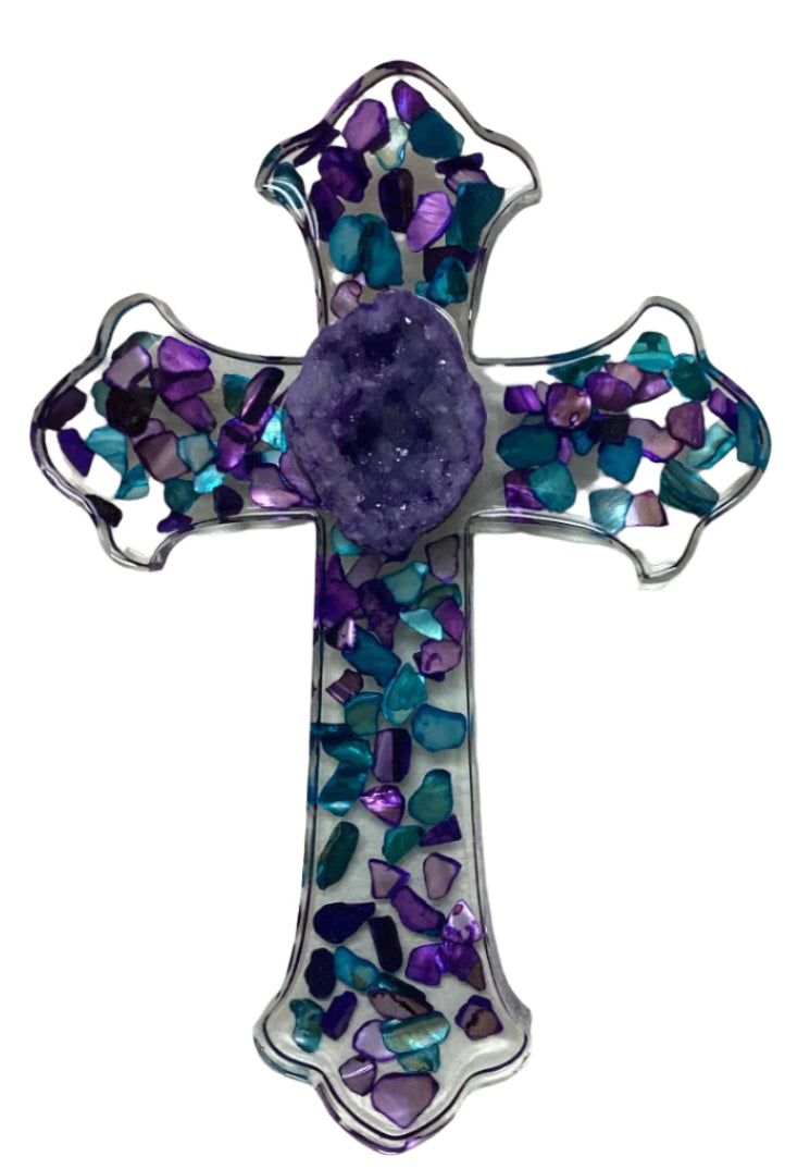 Multi-Colored Resin Cross with Shell Accents and Purple Geode Center ...